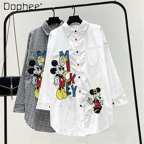 여성용 긴 소매 루즈 격자 무늬 셔츠 중간 길이 셔츠 드레스 알파벳 만화 라인스톤 바이오스 화이트 탑 봄 및 가을