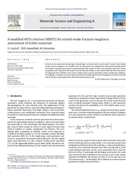 Pdf A Modified Mts Criterion Mmts For Mixed Mode Fracture Toughness Assessment Of Brittle