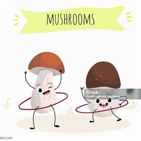 버섯 캐릭터가 있는 그림 재미 있고 건강한 음식 비타민 귀여운 얼굴을 가진 음식 재료 채식주의 벡터 만화 산화 방지 숲 가을 수확 감정에 대한 스톡 벡터 아트 및 기타