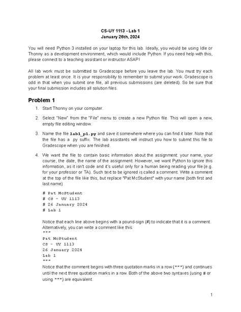 Lab 1 Phyton 3 Exercies Cs Uy 1113 Lab 1 January 26th 2024 You Will Need Python 3
