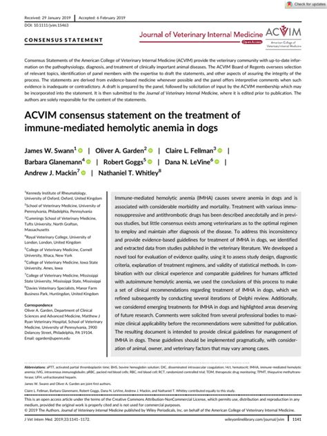 Veterinary Internal Medicne 2019 Swann Acvim Consensus Statement