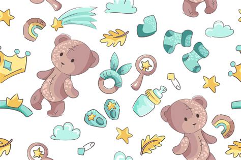 원활한 아기 패턴 질감 배경 어린이 손으로 그린 장난감 토끼 별이있는 벽지 베이비 샤워 배경 신생아 개념 벡터 만화 일러스트 레이 션 0명에 대한 스톡 벡터 아트 및 기타