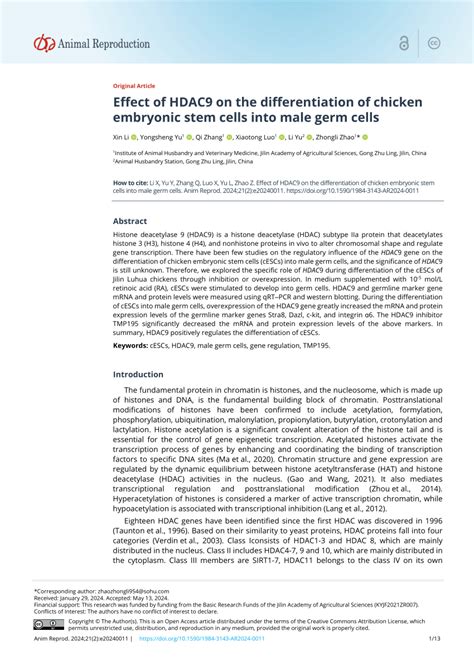 Pdf Effect Of Hdac9 On The Differentiation Of Chicken Embryonic Stem