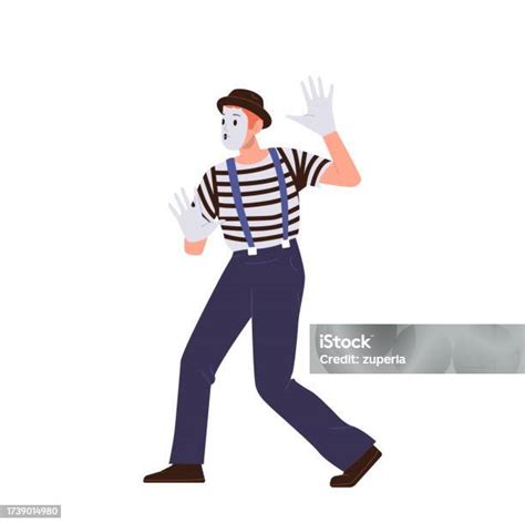 귀여운 의상을 입고 얼굴로 화장을 한 남성 마임 배우 만화 캐릭터가 거리에서 코미디를 공연한다 마임에 대한 스톡 벡터 아트 및