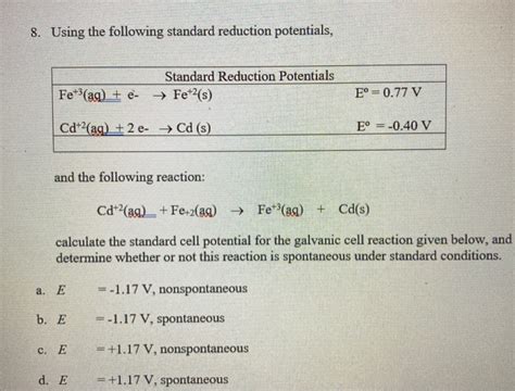 Solved 8 Using The Following Standard Reduction Potentials