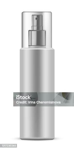 헤어 스프레이 플라스틱 미용 용기 병 케어 및 위생 벡터 일러스트레이션을 위한 빈 팩 흰색 배경에 모자로 화장품의 템플릿 포장을 조롱 3차원 형태에 대한 스톡 벡터 아트 및