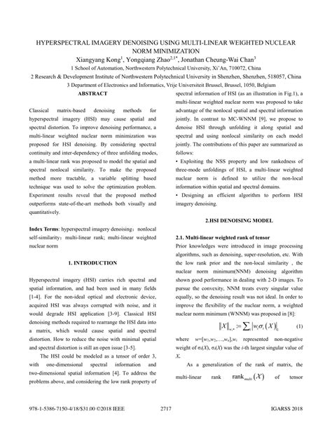 Pdf Hyperspectral Imagery Denoising Using Multi Linear Weighted Nuclear Norm Minimization