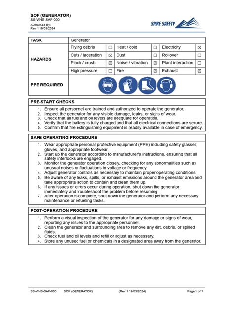 Ss Whs Saf 000 Safe Operating Procedure Generator Pdf
