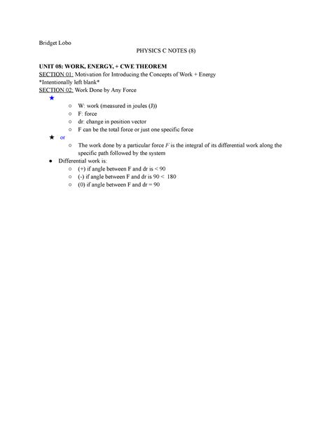 Ch 08 Work Energy Cwe Theorem Bridget Lobo Physics C Notes 8 Unit 08 Work Energy
