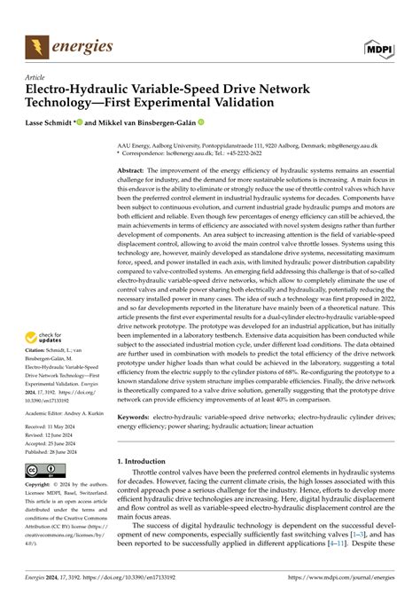 Pdf Electro Hydraulic Variable Speed Drive Network Technology First Experimental Validation