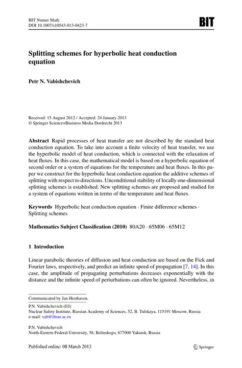 Pdf Splitting Schemes For Hyperbolic Heat Conduction Equation