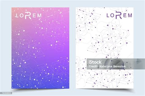 과학 브로셔 디자인 템플릿 벡터 전단지 레이아웃 연결된 선과 점이있는 분자 구조 잡지 전단지 표지 포스터 디자인을위한 요소와 과학 패턴 원자 Dna 0명에 대한 스톡 벡터