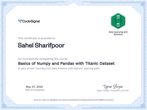 Course Certificate For Basics Of Numpy And Pandas With Titanic Dataset Sahel Sharifpoor