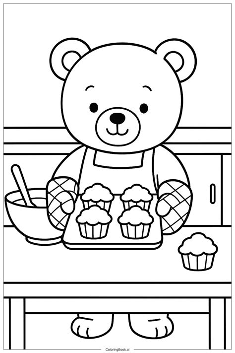 주방에서 컵케이크를 굽는 테디 베어 색칠하기 페이지 무료 Pdfandpng 인쇄 가능