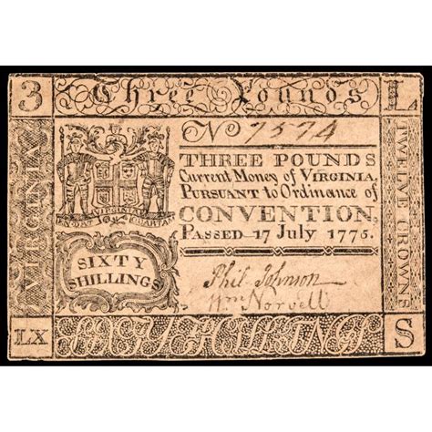 Sold Price Colonial Currency Virginia July 17 1775 3 Pounds 60