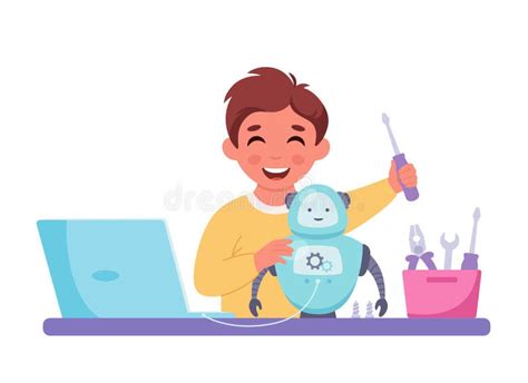 Little Boy Creating A Robot Robotics Programming And Engineering For