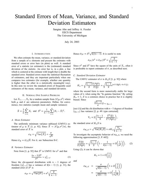 Standard Errors Mean Variance Deviation Estimators