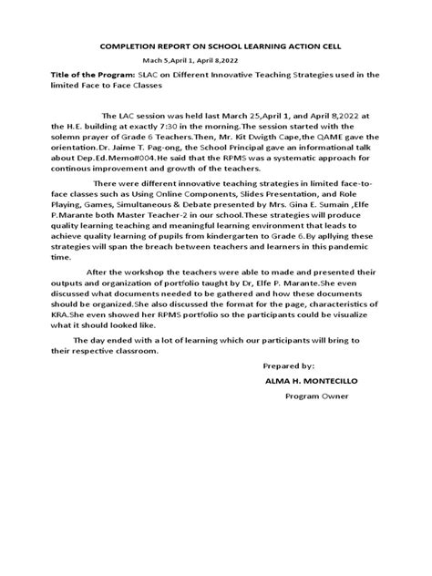 Completion Report On School Learning Action Cell Pdf