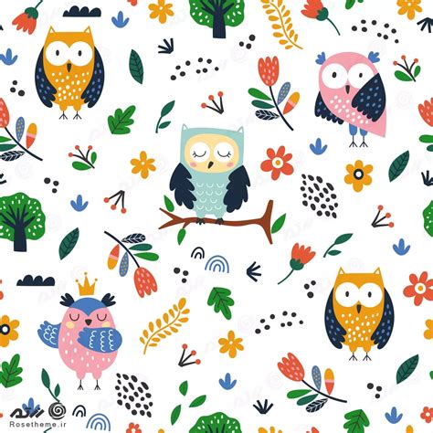 دانلود فایل Eps پترن کودکانه بدون درز با عناصر جنگل جغد کارتونی بافت خلاقانه کودکان پارچه به