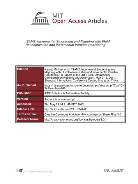 Pdf Isam2 Incremental Smoothing And Mapping With Fluid Relinearization And Incremental