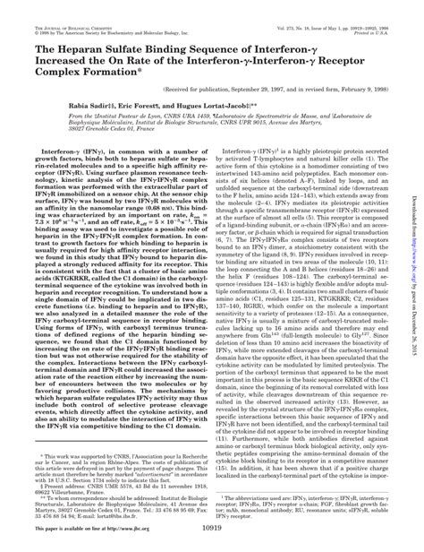 Pdf The Heparan Sulfate Binding Sequence Of Interferon Increased The On Rate Of The