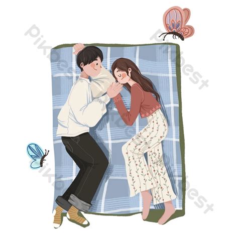 Éléments De Couple Dessinés à La Main Dessin Animé Mignon Couché Dans Son Lit Psd Éléments