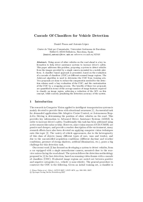 Pdf Cascade Of Classifiers For Vehicle Detection