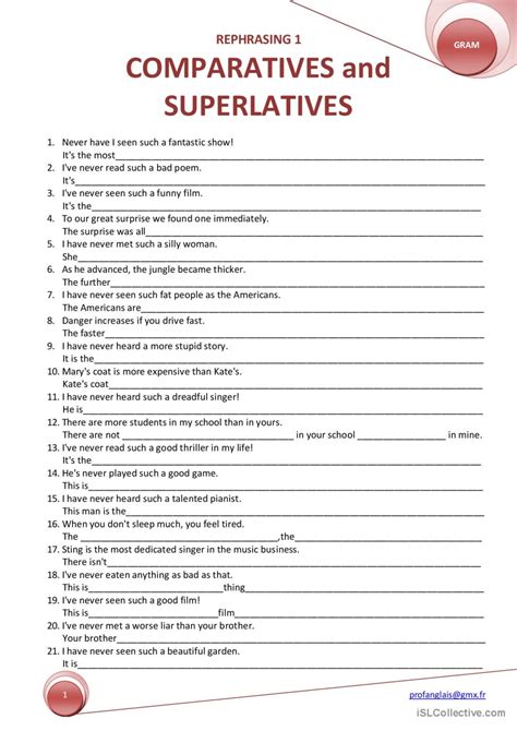 Rephrasing 1 COMPARATIVES And SUPERL English ESL Worksheets Pdf Doc