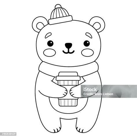 커피 한 잔을 들고 있는 귀여운 곰 색칠 공부 페이지 벡터 간단한 평면 그림 검은색에 대한 스톡 벡터 아트 및 기타 이미지 검은색 곰 귀여운 Istock