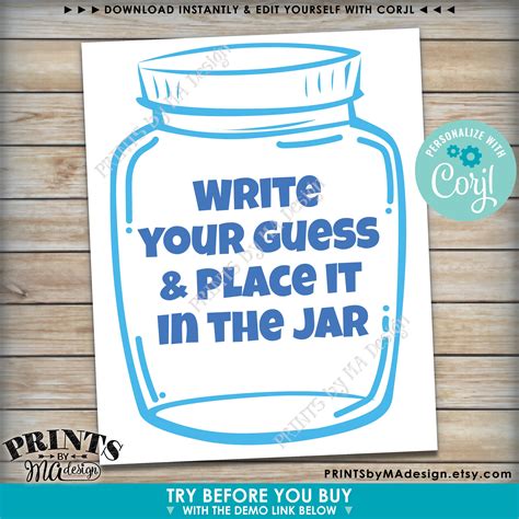 Custom Jar Sign Editable Jar Sign One PRINTABLE 8x10 16x20 Portrait Sign Custom Text Colors