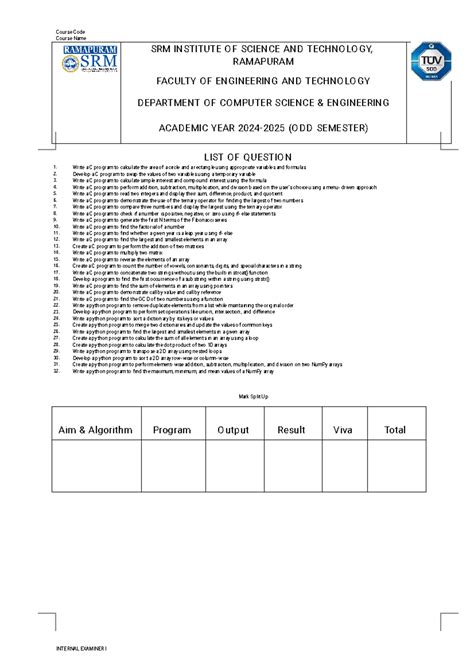 List Of Question For Pps Practical Examination Course Code Course Name Srm Institute O F