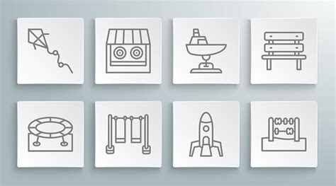 세트 라인 점프 트램폴린 사격 갤러리 더블 스윙 로켓 우주선 주판 스윙 보트 벤치 및 연 아이콘 벡터 거리에 대한 스톡 벡터 아트 및 기타 이미지 Istock