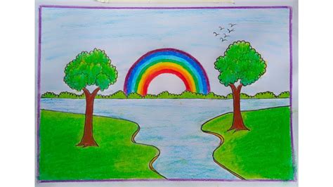 How To Draw A Rainbow Scenery রংধনুর দৃশ্য আকা Drawing Tutorial