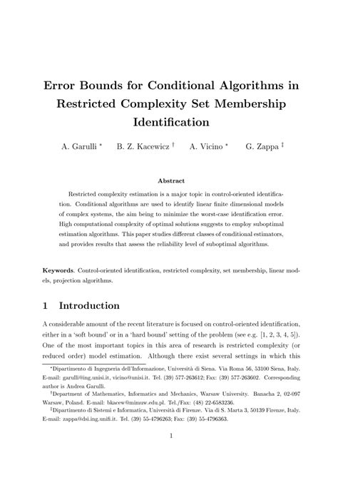 Pdf Error Bounds For Conditional Algorithms In Restricted Complexity Set Membership Identification