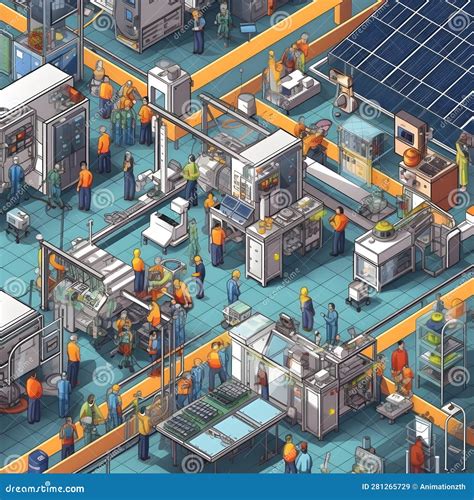 A Bustling Factory Floor With Workers In Safety Gear Operating Machinery And Assembling Solar