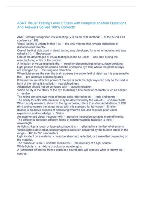 ASNT Visual Testing Level Exam With Complete Solution Questions And Answers Solved
