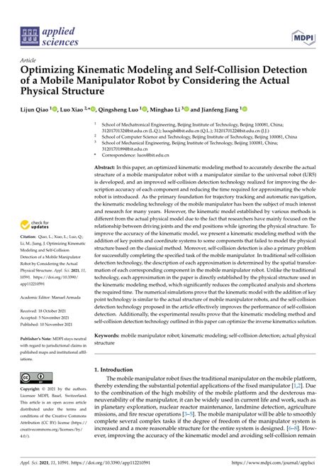 Pdf Optimizing Kinematic Modeling And Self Collision Detection Of A Mobile Manipulator Robot