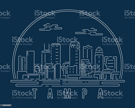 탬파 흰색 추상선 코너 곡선 진한 파란색 배경에 현대적인 스타일이 있는 도시 풍경 건물 스카이라인 도시 벡터 일러스트레이션 디자인 탬파에 대한 스톡 벡터 아트 및 기타