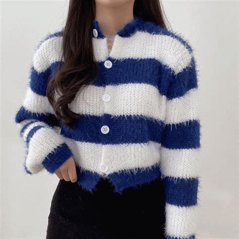 최저가 [이쁨보장 여리여리] 포근 루즈핏 앙고라 퍼 솔잎 라운드넥 데일리 배색 단가라 크롭 니트 가디건 에이블리