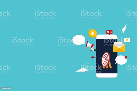 휴대 전화 마케팅 이메일 마케팅 캠페인 소셜 미디어 콘텐츠 뉴스레터 구독을 통해 온라인 청중에게 다가갑니다 이메일을 통해 마케팅 메시지 보내기 벡터 그림 개념에 대한 스톡