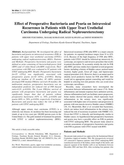 Pdf Effect Of Preoperative Bacteriuria And Pyuria On Intravesical Recurrence In Patients With