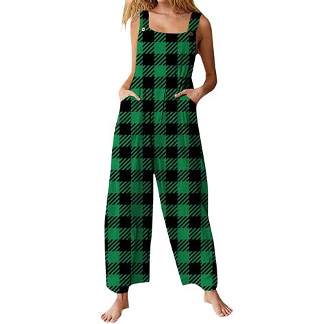 Bunenne Jumpsuits For Women Geometric Grid Wide Leg Loose Jumpsuit