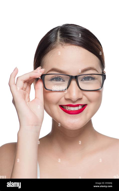 Beauty Asian Model Girl With Perfect Skin Wearing Glasses Isolated On