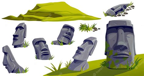 동굴에 있는 이스터 섬의 모아이 산에 격리된 벡터 만화 돌 조각 프리미엄 벡터