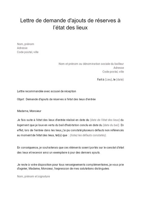 Lettre de demande d ajouts de réserves à l état des lieux modèle gratuit