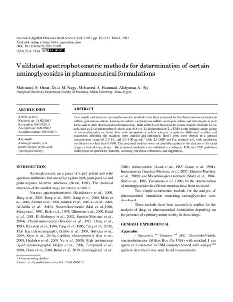 Pdf Validated Spectrophotometric Methods For Determination Of Certain Aminoglycosides In