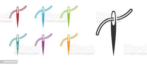 흰색 배경에 격리 된 스레드 아이콘으로 바느질을위한 검은 바늘 기호를 맞춤화합니다 직물 은 공예 기호를 바느질 자수 도구 다채로운 아이콘을 설정합니다 벡터 로고에 대한 스톡