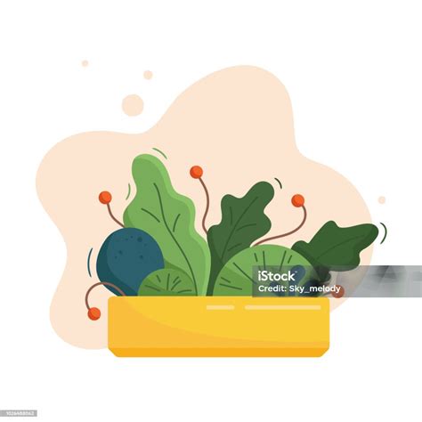 긴 낮은 노란색 화분에 추상 무성 한 식물입니다 잎 꽃과 열매입니다 현대는 간단한 국내 원 예 그림 아트 스타일 플랫 벡터 일러스트 레이 션 흰색 절연 0명에 대한 스톡