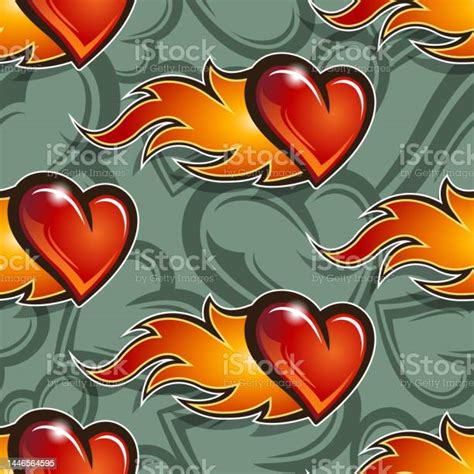 발렌타인 데이 불타는 사랑의 마음 완벽 한 패턴 벡터 아트 그래픽 인쇄 포장지 엽서 섬유 및 벽지 디자인 귀여운에 대한 스톡 벡터 아트 및 기타 이미지 Istock