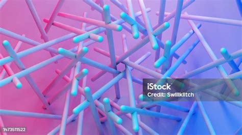 초현실적 인 대칭 구조로 날아 다니는 지팡이 막대기 또는 막대가있는 과학 또는 기술 추상화 보라색과 파란색 네온 기술 구조를